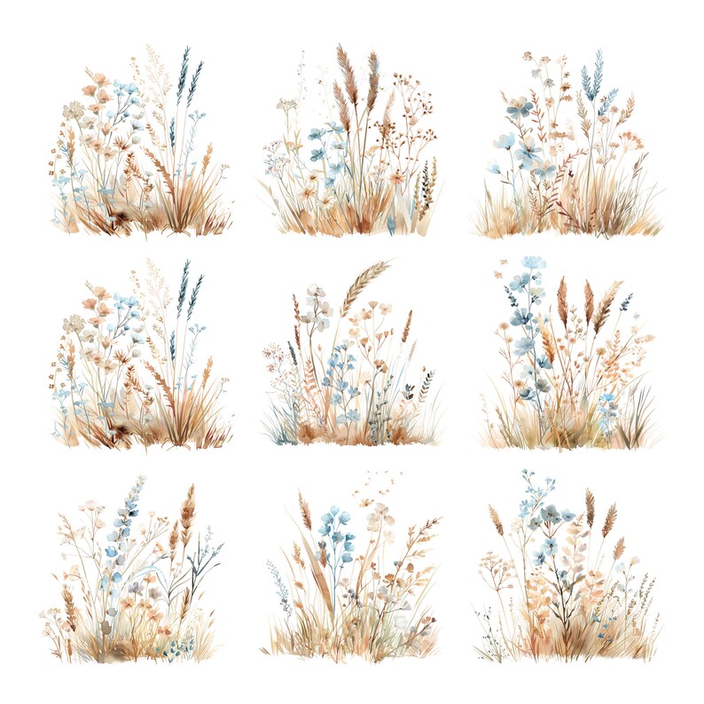 Blue and Cream Wildflower Bouquets, Blue Floral Borders, Watercolor ...