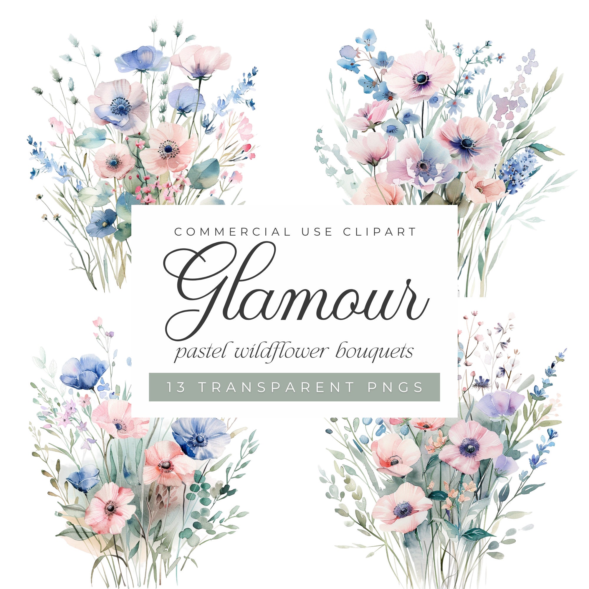 Pastel Watercolor Floral Clipart, Pink Wildflower Bouquets Clipart ...