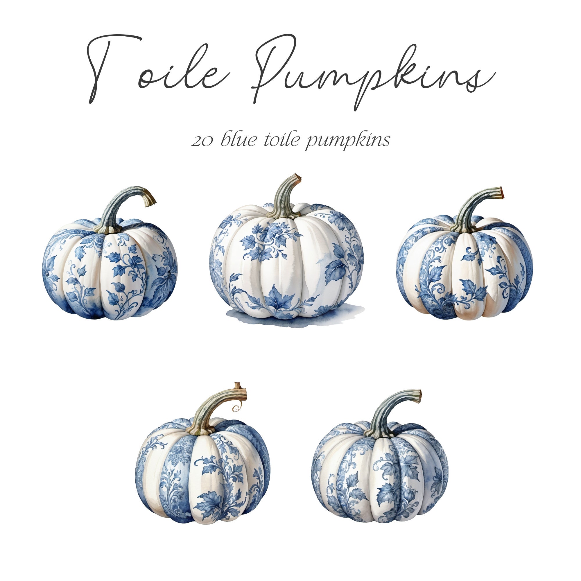 Toile Pumpkins Clipart, Blue Toile Pumpkins Clip Art, Chinoiserie ...