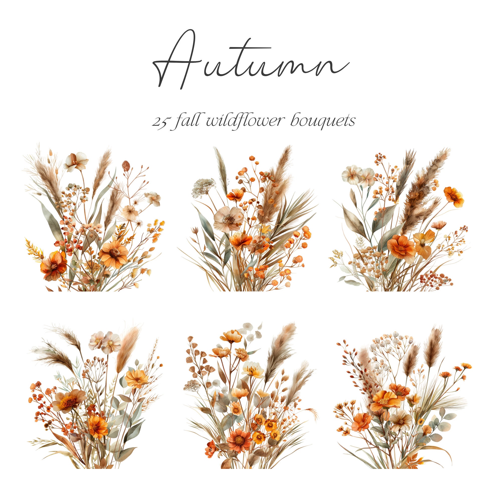 Autumn Watercolor Wildflower, Fall Wildflower Bouquets & Borders, Fall ...