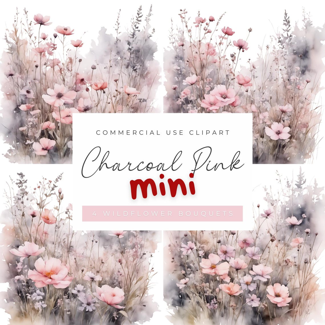 Pink Charcoal Grey Flowers and Trees, Pink Wildflower Meadow Bouquets ...