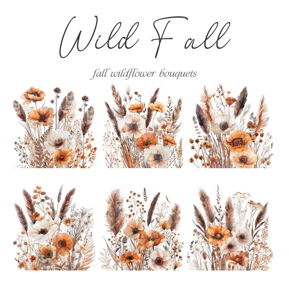 Fall Wildflower Bouquets and Borders, Watercolor Autumn Floral Clipart ...