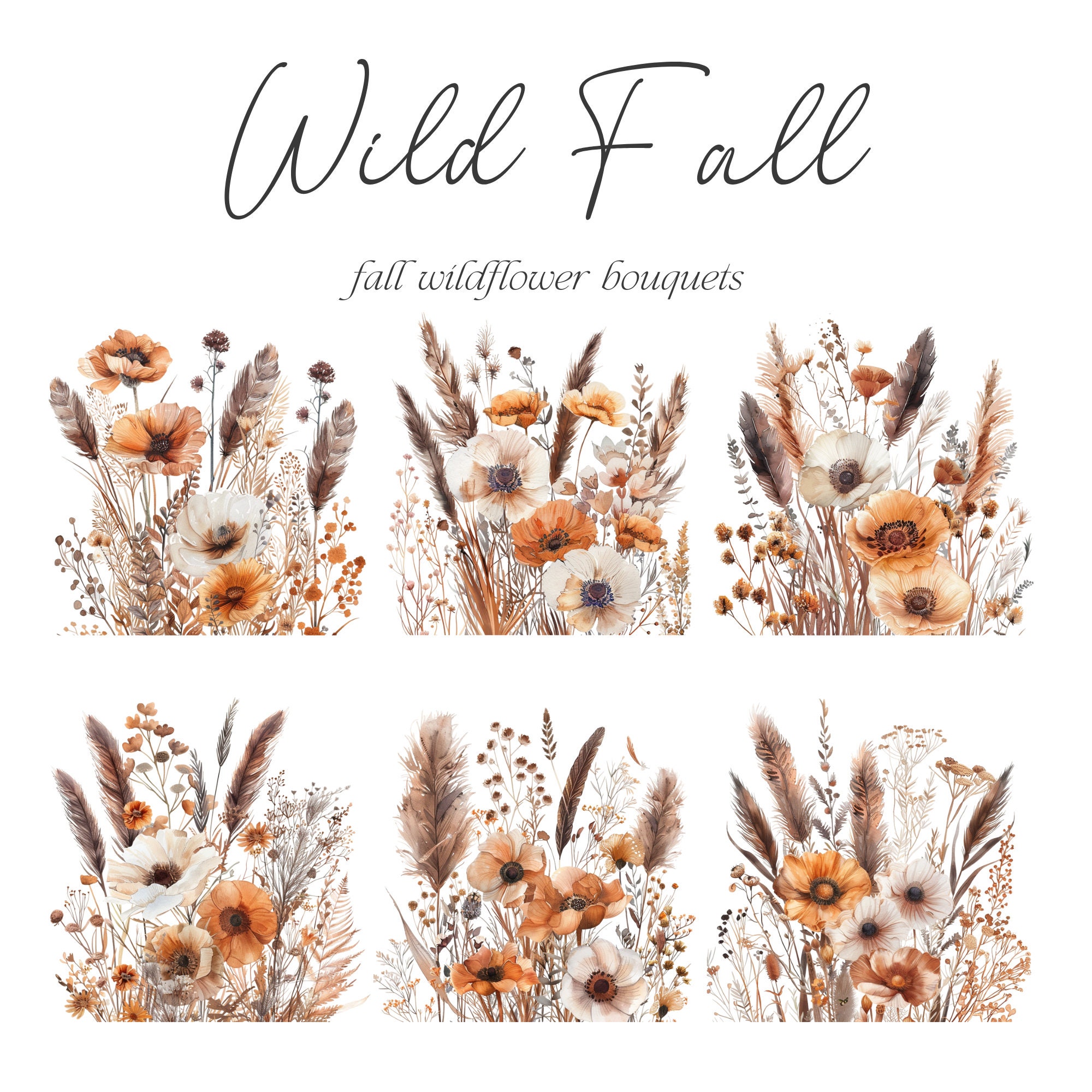 Fall Wildflower Bouquets and Borders, Watercolor Autumn Floral Clipart ...