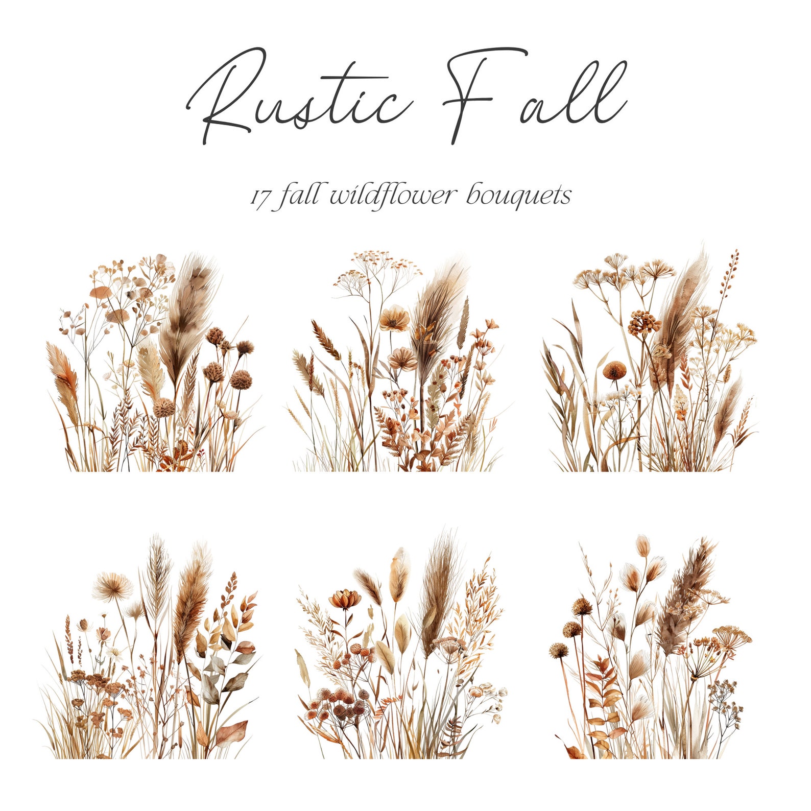 Rustic Fall Wildflower Clipart Watercolor Brown Floral Bouquets and ...