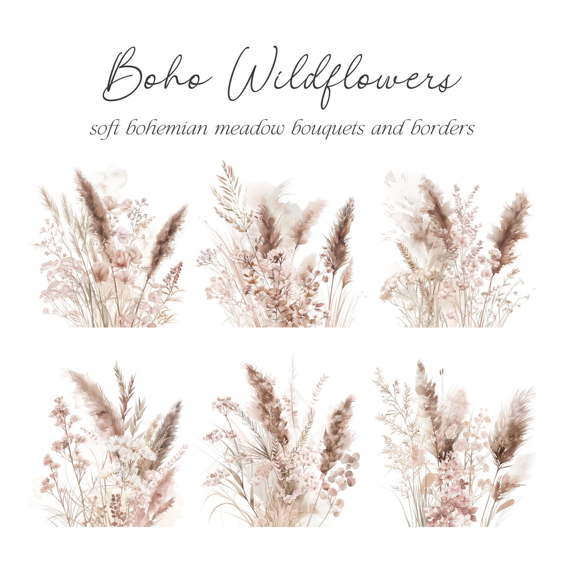Boho Watercolor Wildflower Bouquets and Borders, Bohemian Meadow Clip ...