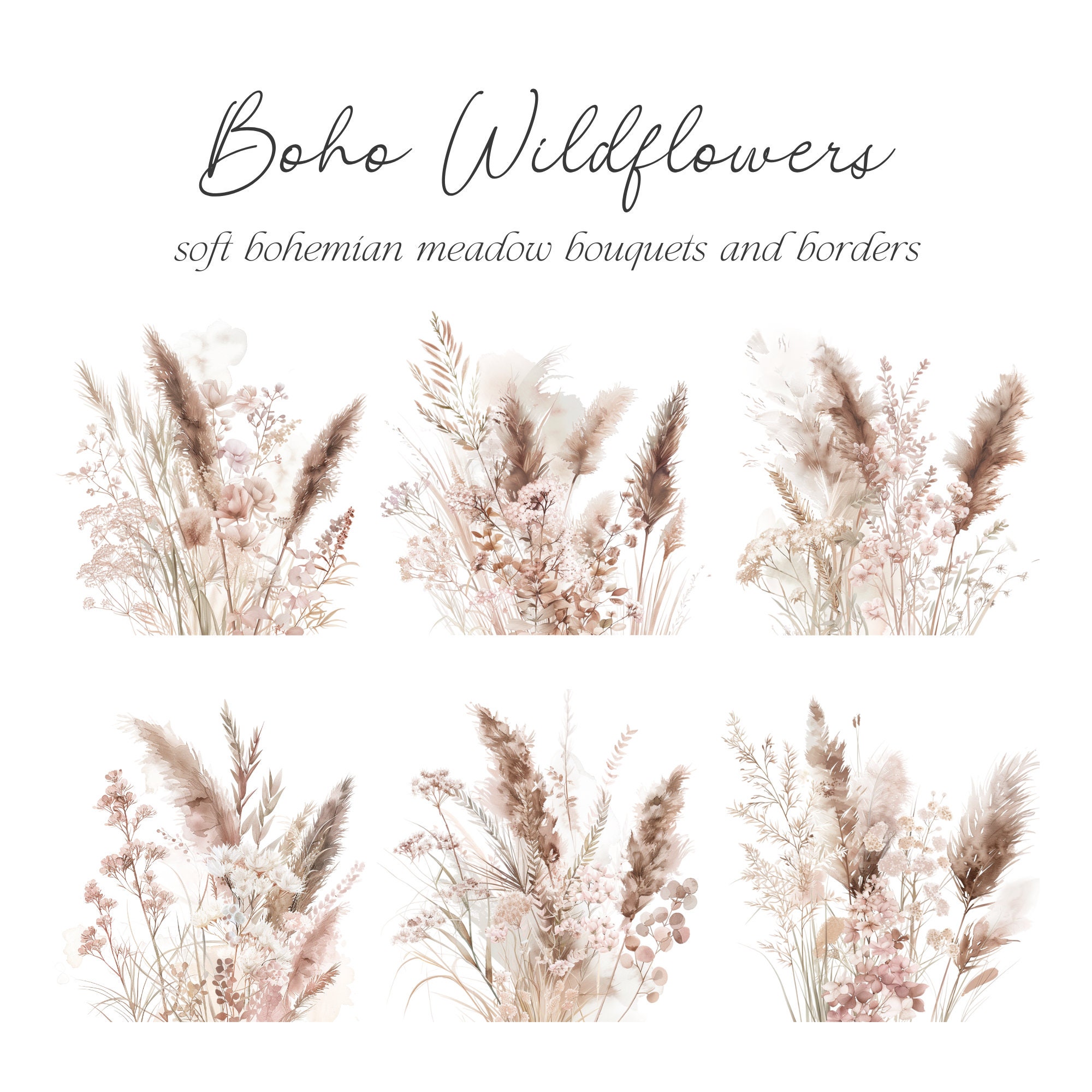 Boho Watercolor Wildflower Bouquets and Borders, Bohemian Meadow Clip ...