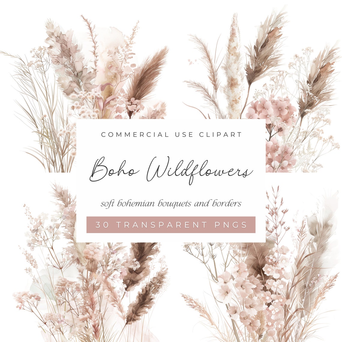 Boho Watercolor Wildflower Bouquets and Borders, Bohemian Meadow Clip ...