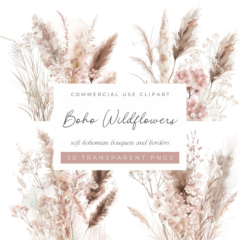 Boho Watercolor Wildflower Bouquets and Borders, Bohemian Meadow Clip ...