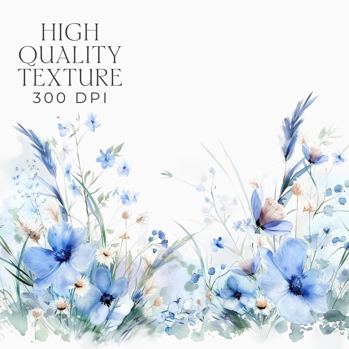 Blue Watercolor Flower Border, Watercolor Meadow Florals, Wildflower ...