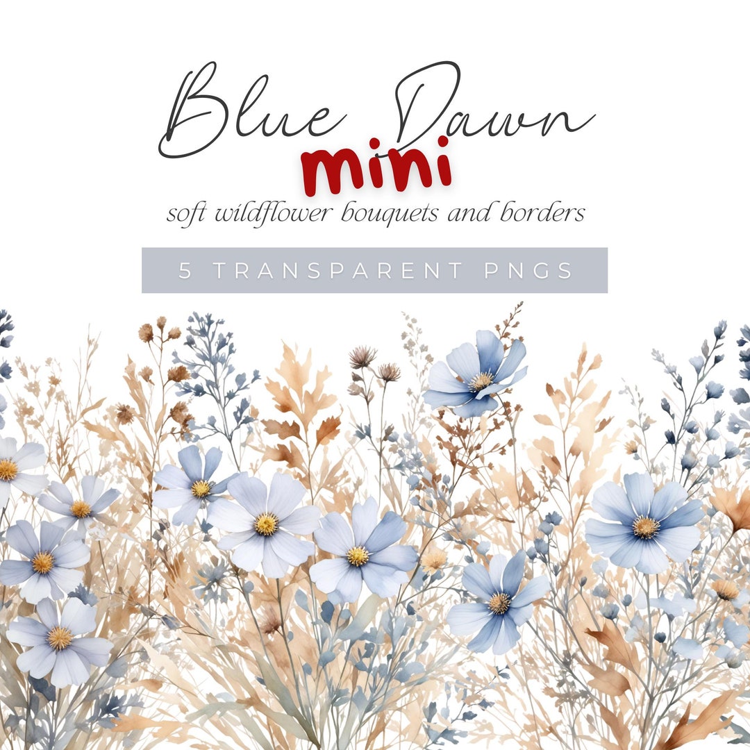 Watercolor Floral Clipart, Soft Blue and Pale Orange Wildflower Bouquet ...