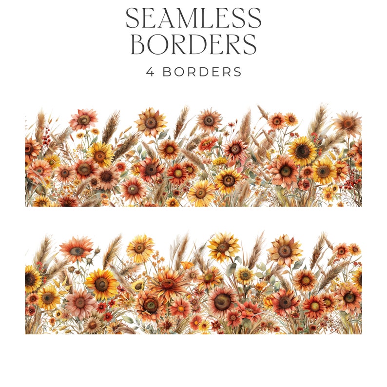 Fall Sunflower Seamless Premade Borders and Bouquets Fall Watercolor ...