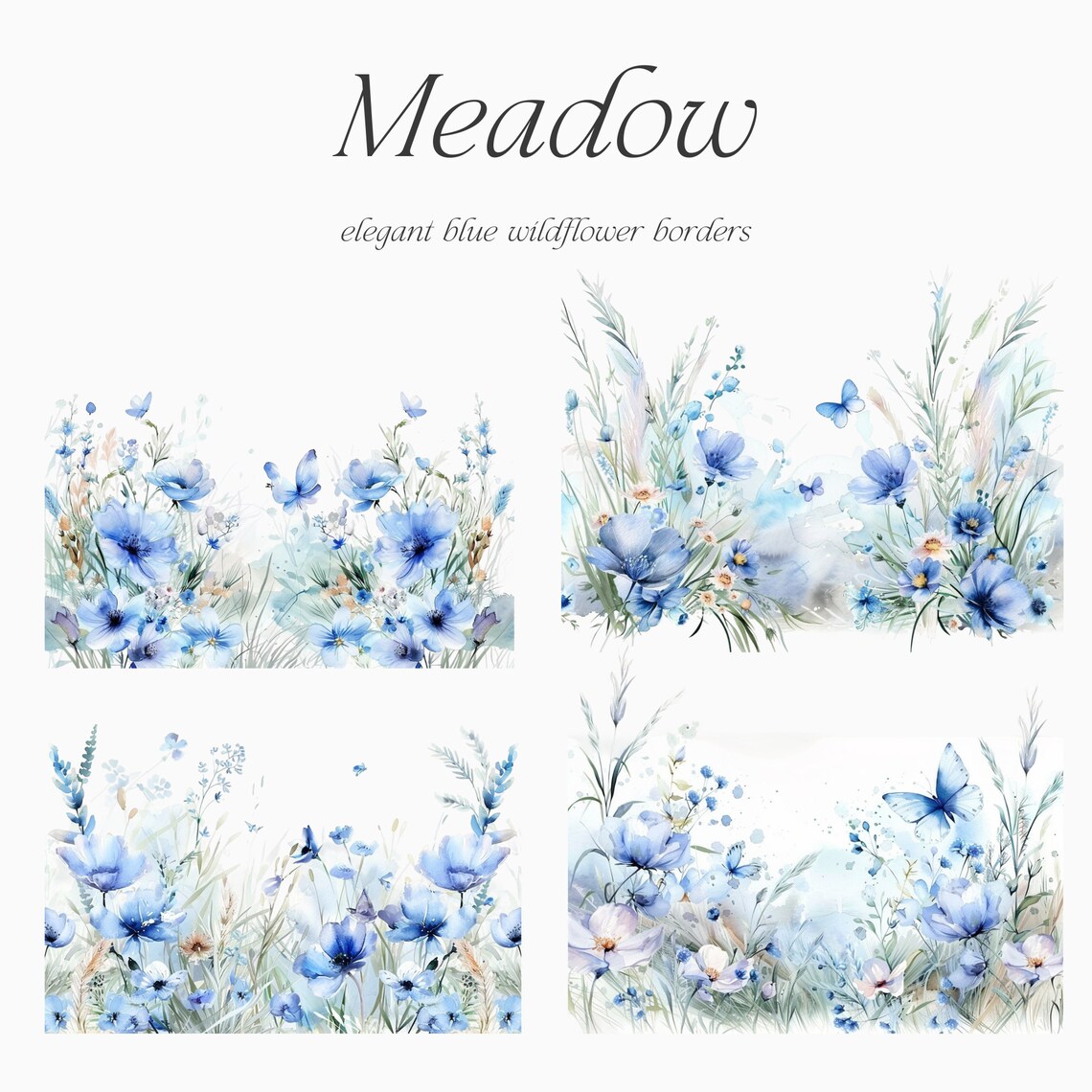 Blue Watercolor Flower Border, Watercolor Meadow Florals, Wildflower ...