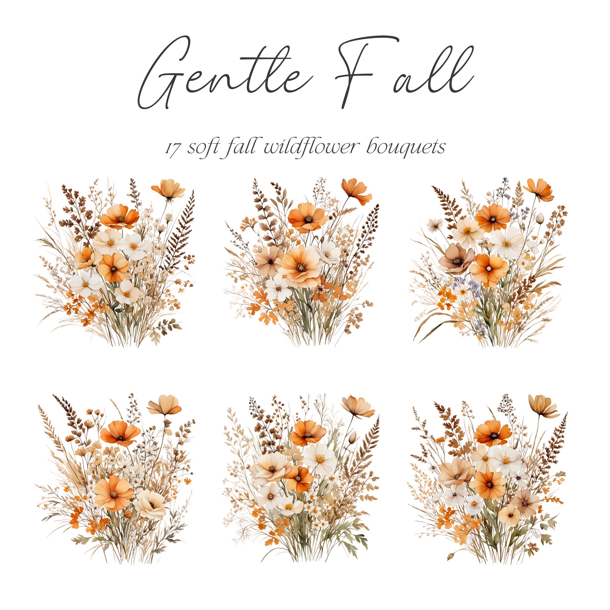 Gentle Fall Watercolor Wildflower Bouquets and Borders, Fall Floral ...