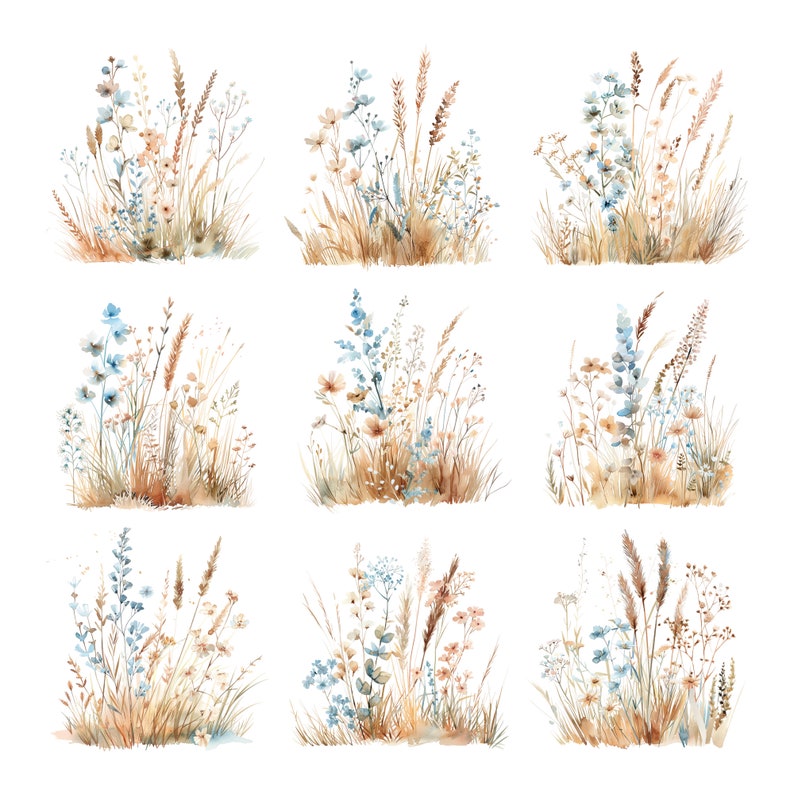 Blue and Cream Wildflower Bouquets, Blue Floral Borders, Watercolor ...