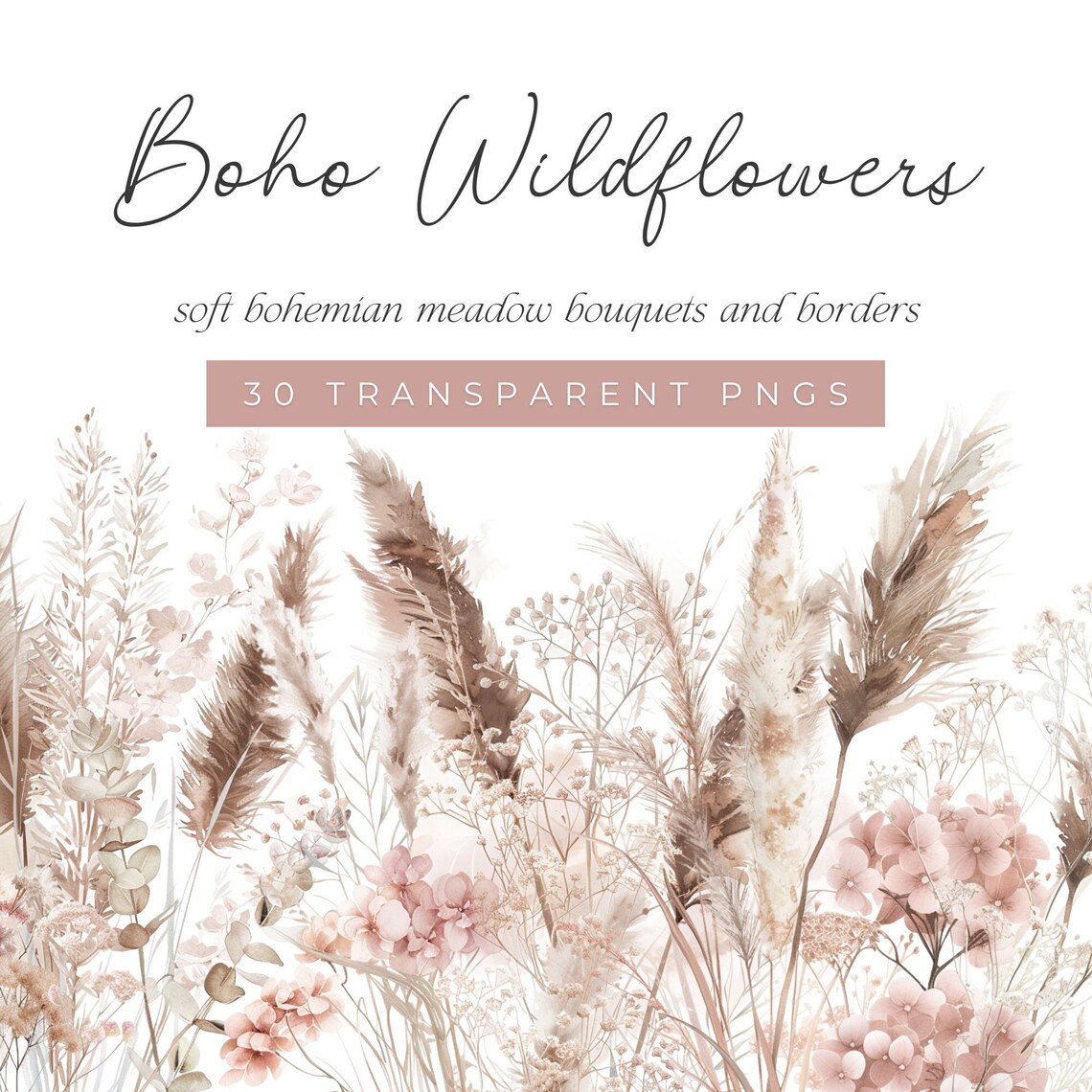 Boho Watercolor Wildflower Bouquets and Borders, Bohemian Meadow Clip ...