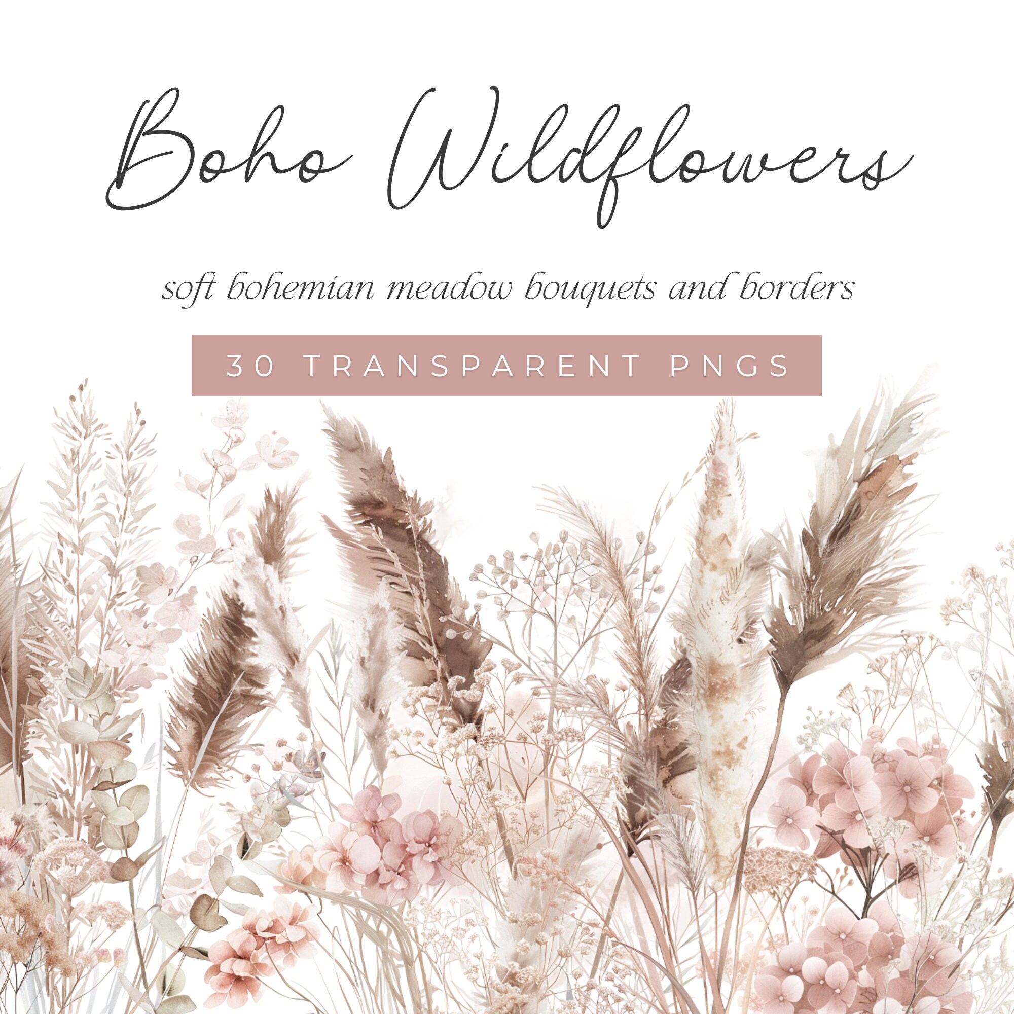 Boho Watercolor Wildflower Bouquets and Borders, Bohemian Meadow Clip ...