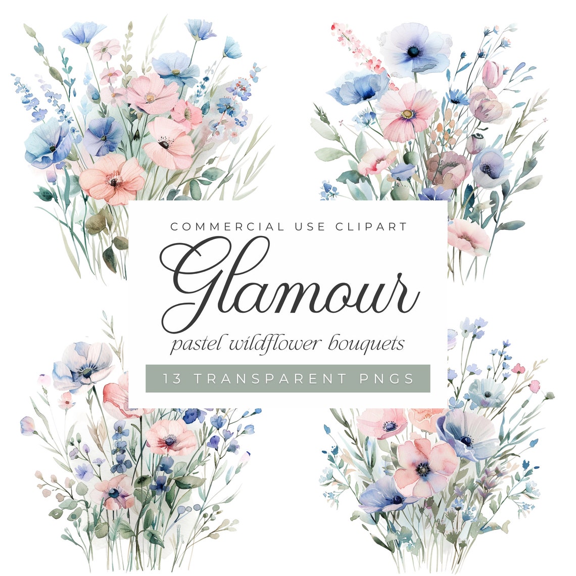 Pastel Watercolor Floral Clipart, Pink Wildflower Bouquets Clipart ...