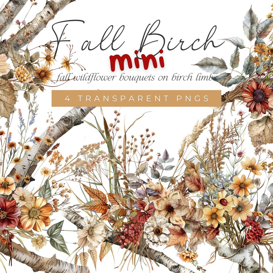 Fall Watercolor Wildflower Bouquets, Wildflower Bouquets on Birch Tree ...