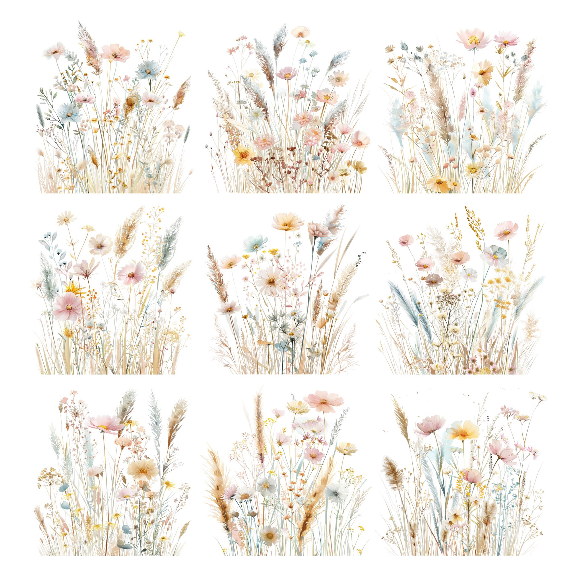 Pastel Meadow Wildflower Watercolor Clipart, Meadow Floral Bouquets and ...