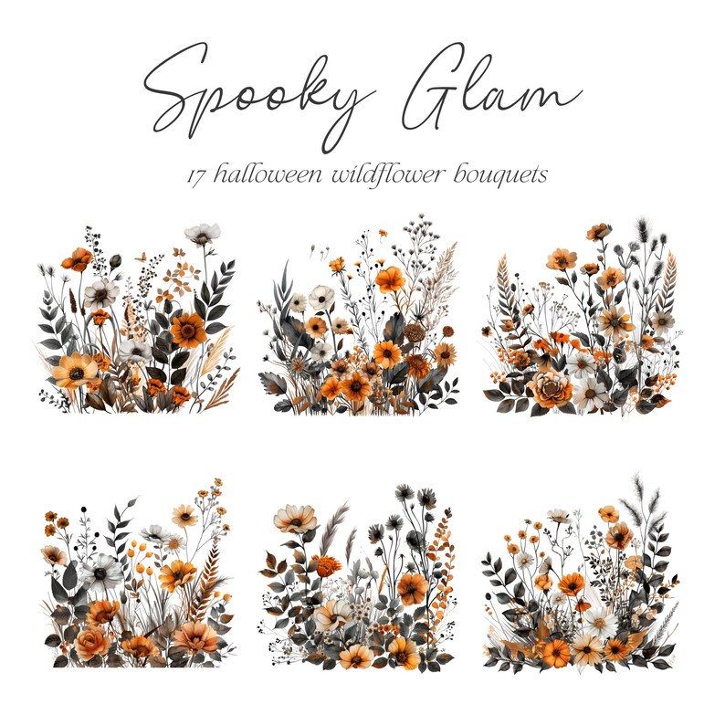 Halloween Floral Clipart Wildflowers Bouquet and Borders Elegant Orange ...