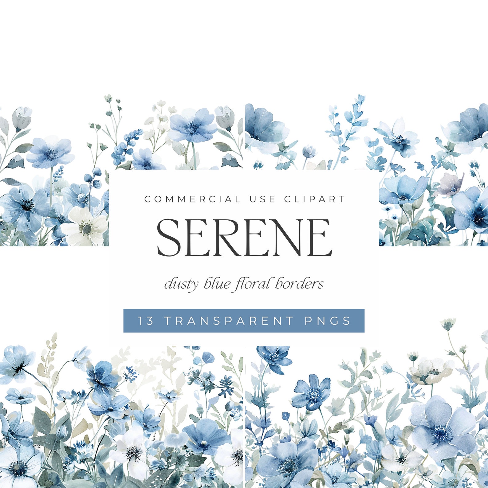 Soft Blue Watercolor Floral Border, Blue Wildflower Borders, Watercolor ...