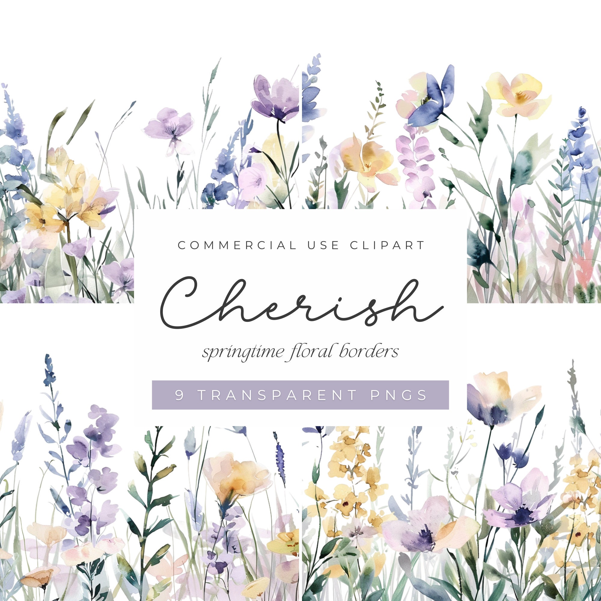 Watercolor Floral Clipart, Spring Wildflowers Clipart, Purple Floral ...