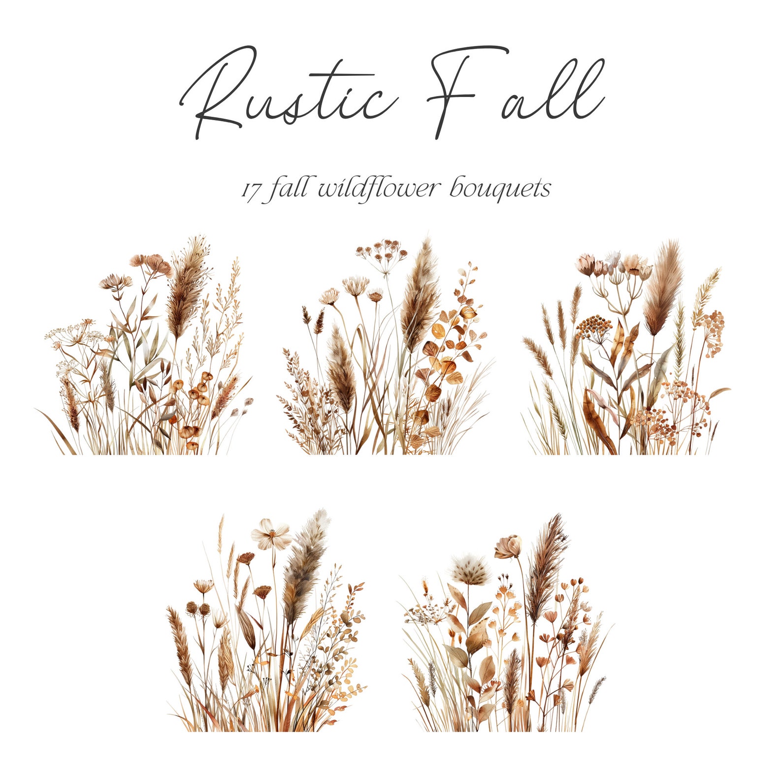 Rustic Fall Wildflower Clipart Watercolor Brown Floral Bouquets and ...