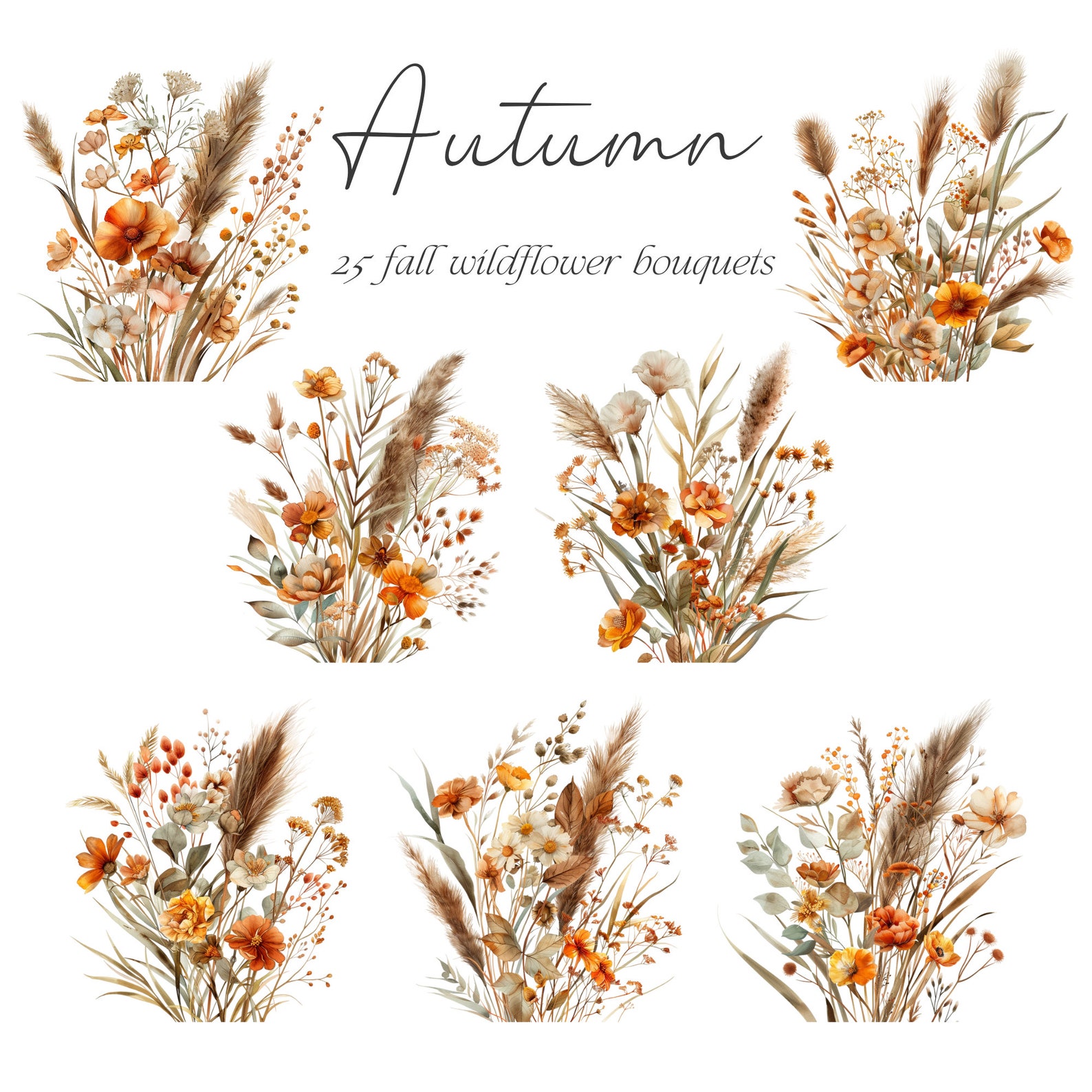 Autumn Watercolor Wildflower, Fall Wildflower Bouquets & Borders, Fall ...