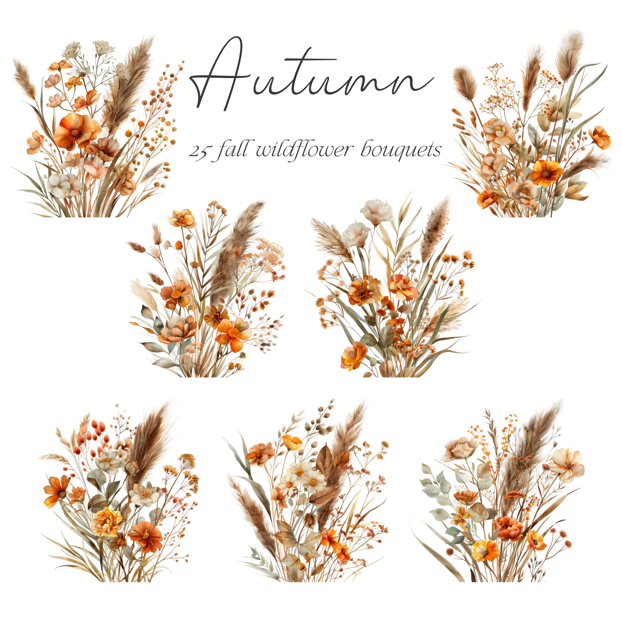 Autumn Watercolor Wildflower, Fall Wildflower Bouquets & Borders, Fall ...