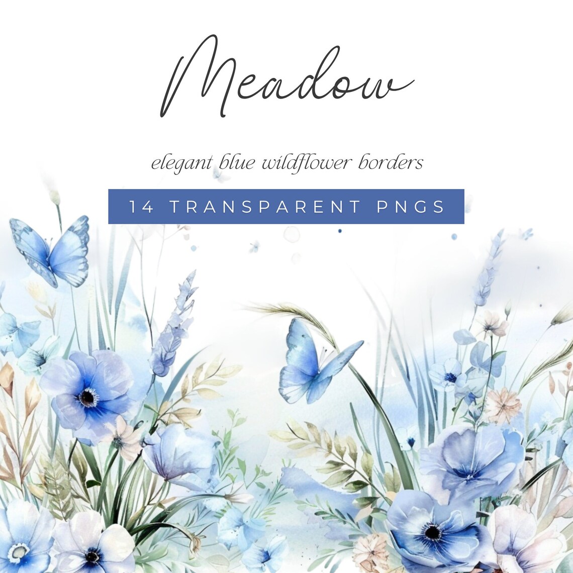 Blue Watercolor Flower Border, Watercolor Meadow Florals, Wildflower ...