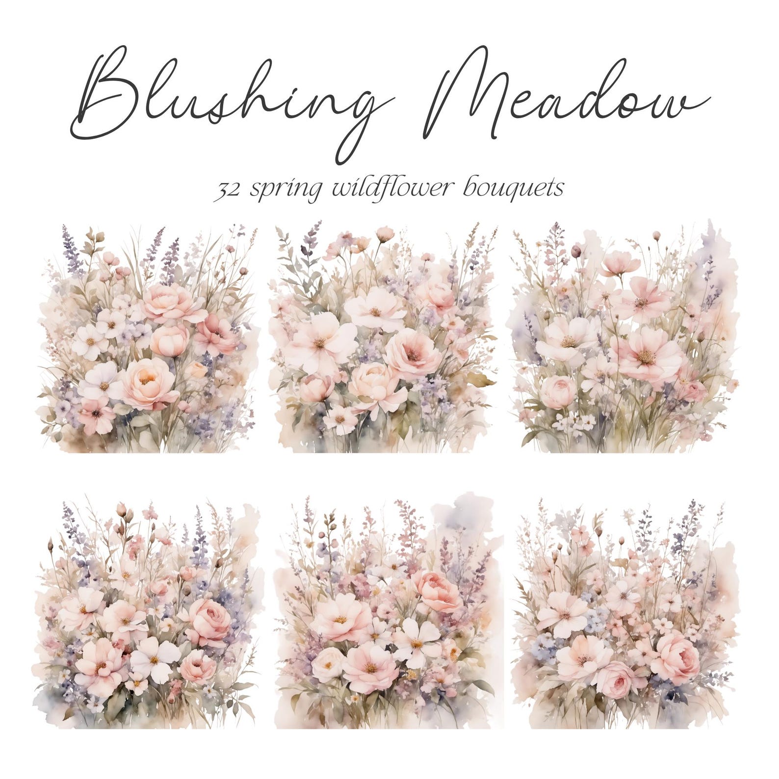 Watercolor Spring Wildflower Bouquets, Pastel Floral Clipart, Elegant ...