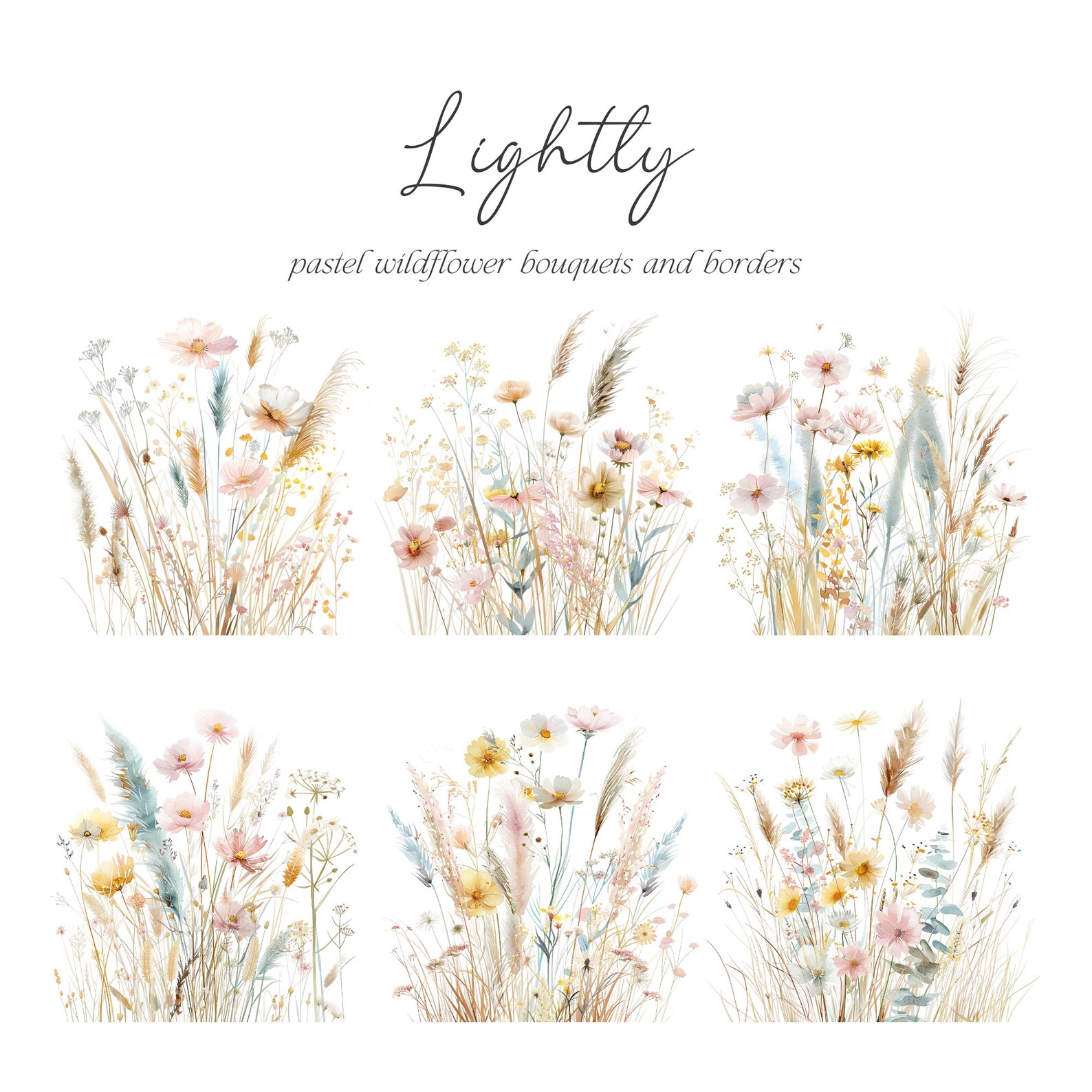 Pastel Meadow Wildflower Watercolor Clipart, Meadow Floral Bouquets and ...