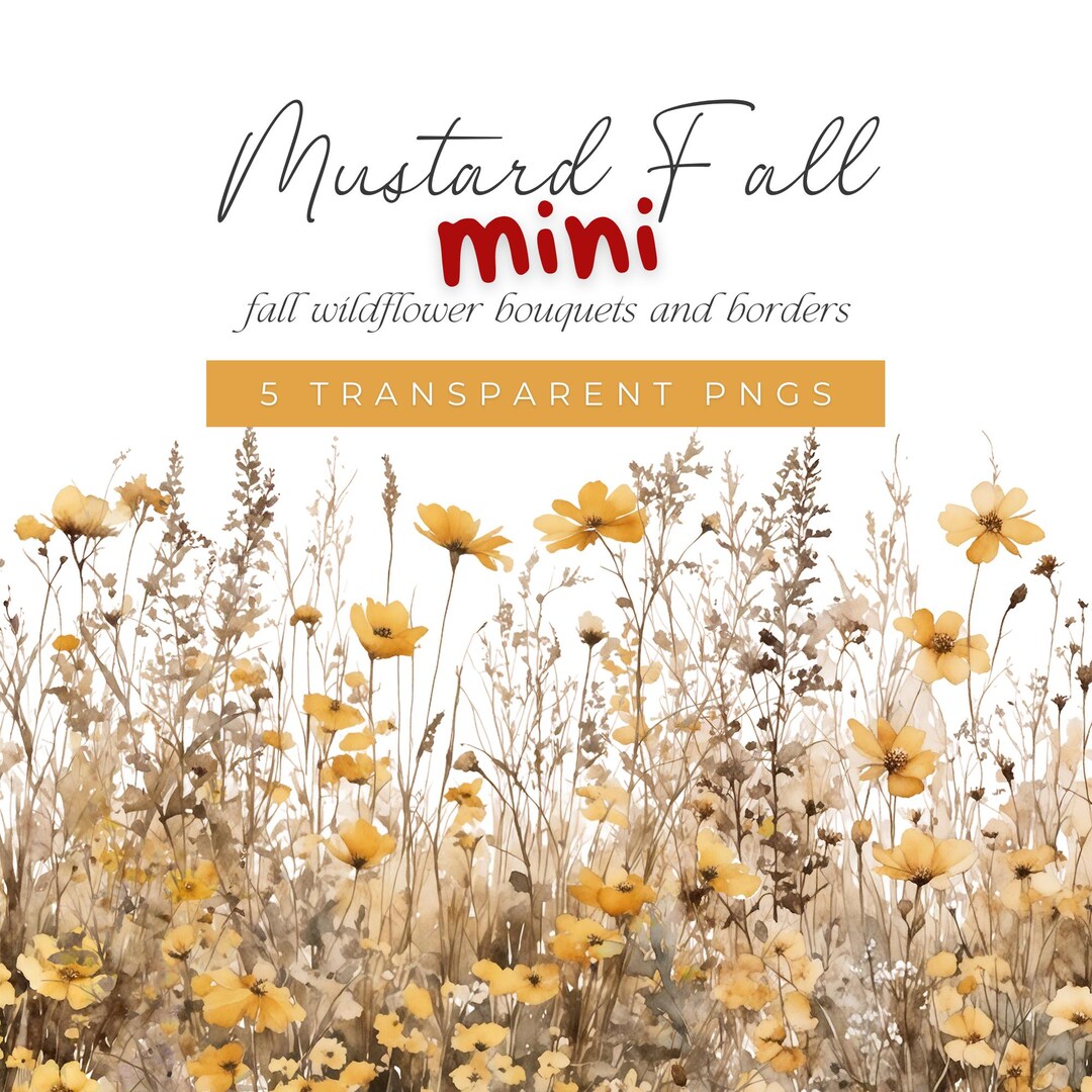 Watercolor Fall Wildflower Bouquet and Borders Clip Art, Mustard Yellow ...