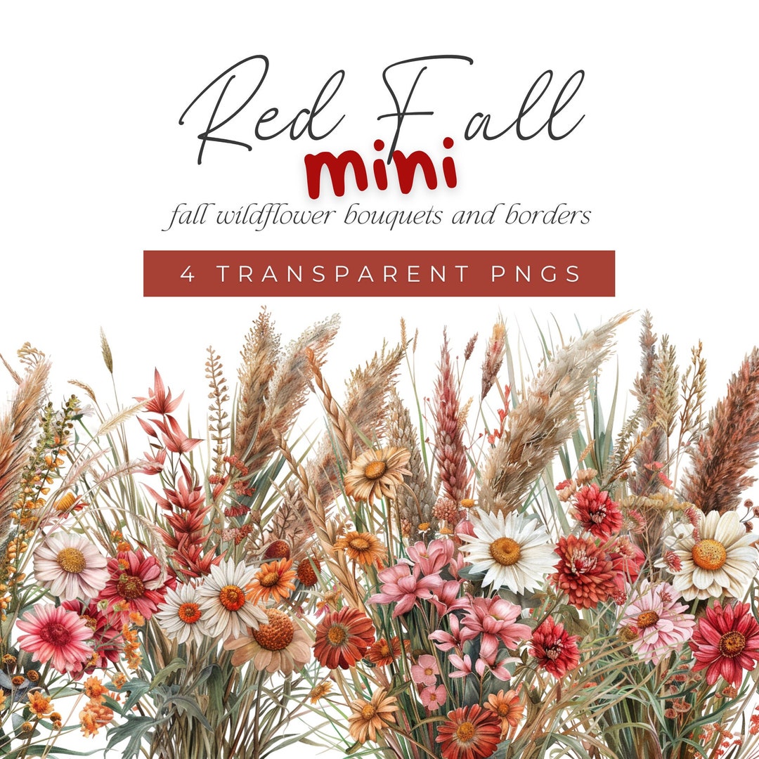 Red Fall Wildflower Watercolor Bouquets and Borders Autumn Wedding ...