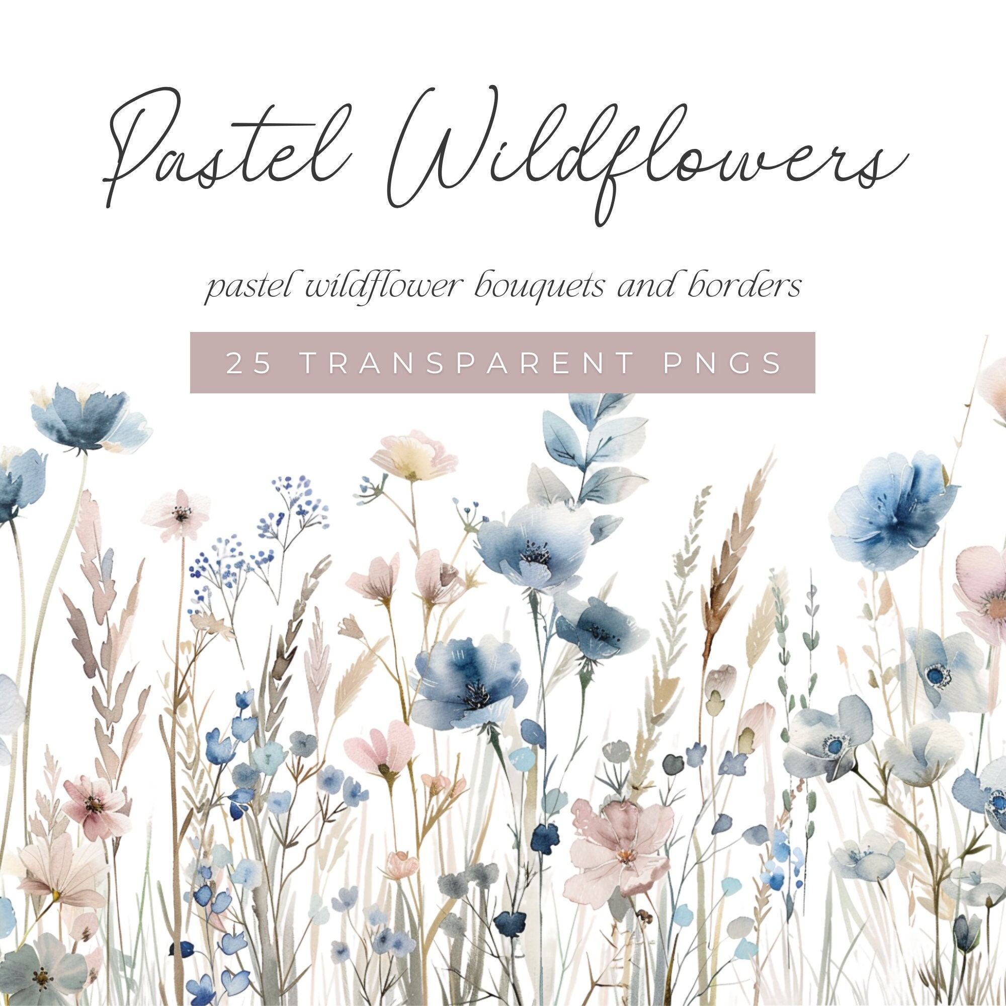 Pastel Wildflowers, Watercolor Wildflower Bouquets and Borders, Blue ...