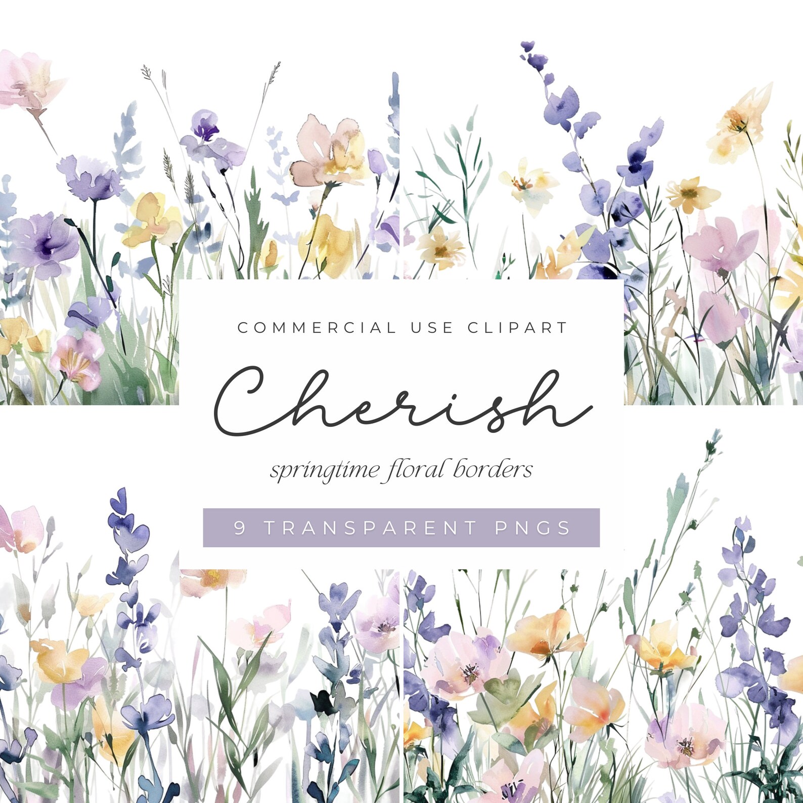 Watercolor Floral Clipart, Spring Wildflowers Clipart, Purple Floral ...