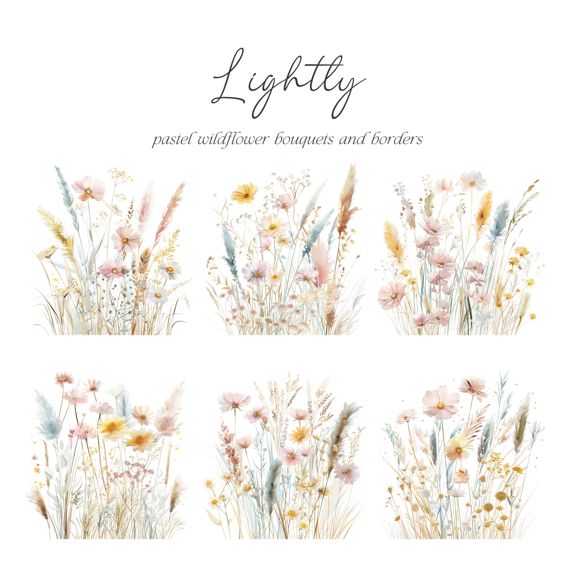 Pastel Meadow Wildflower Watercolor Clipart, Meadow Floral Bouquets and ...
