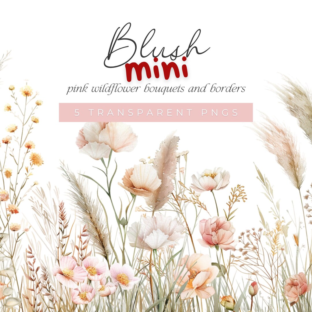 Pink Wildflower Bouquets and Borders, Watercolor Blush Floral Clipart ...
