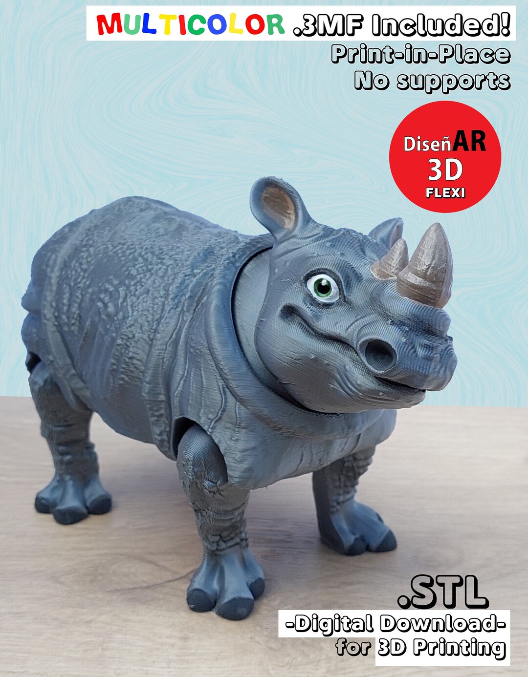Rhinoceros STL File for 3d Printing, Articulated Rhino Figure, 3mf ...