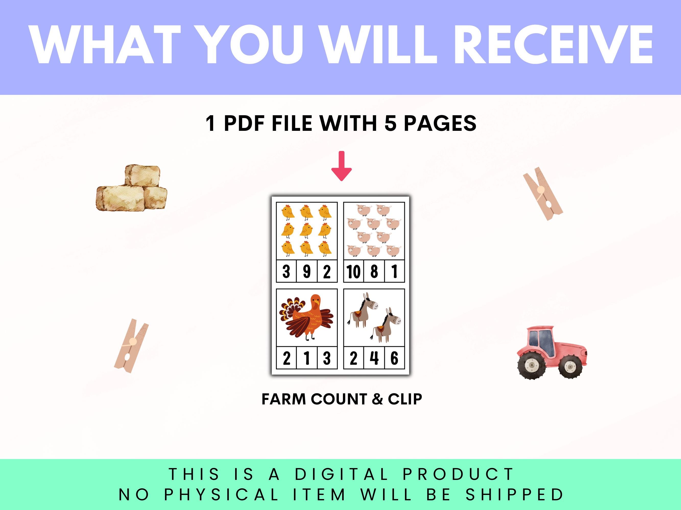 Farm Animals Counting Clip Cards, Learn to Count to 10, Exercises for ...