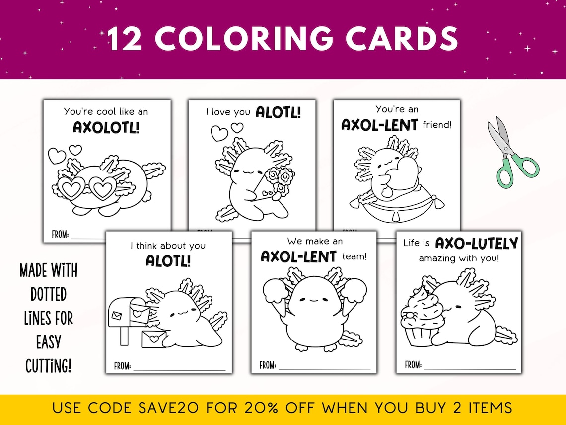 Axolotl Coloring Pages, Axolotl Valentine's Day Cards, Printable ...