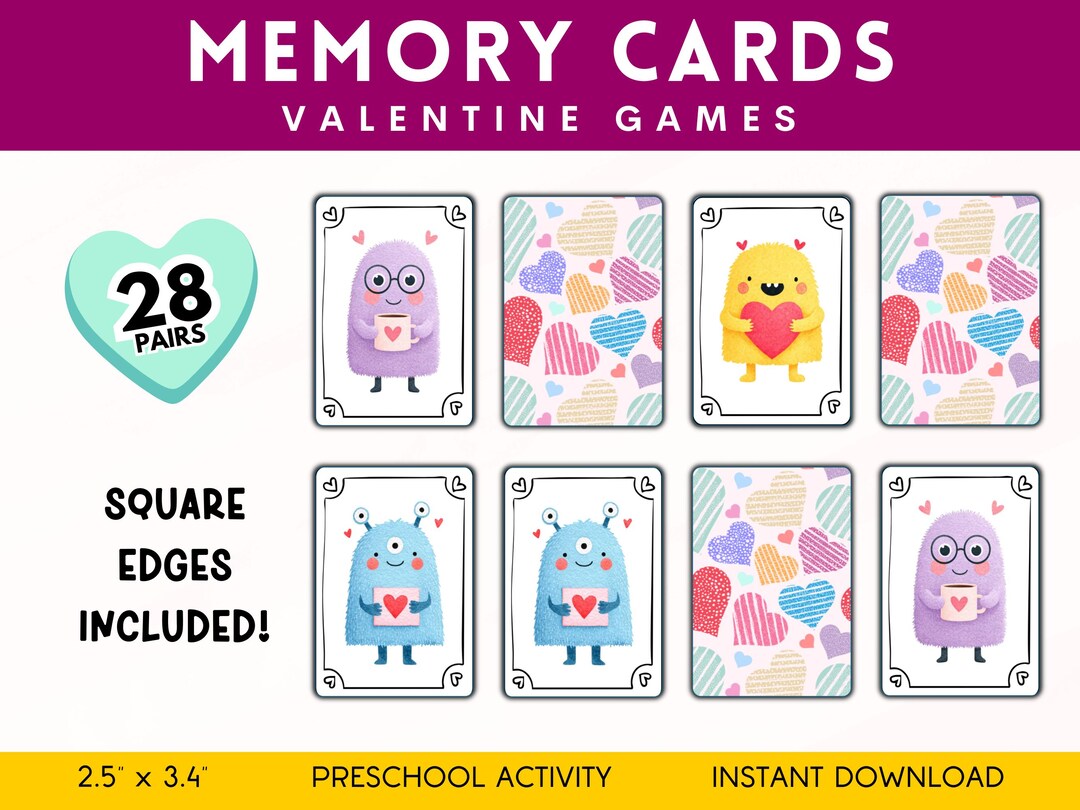 Valentine Memory Game Cute Monster Matching Cards Preschooler Brain ...