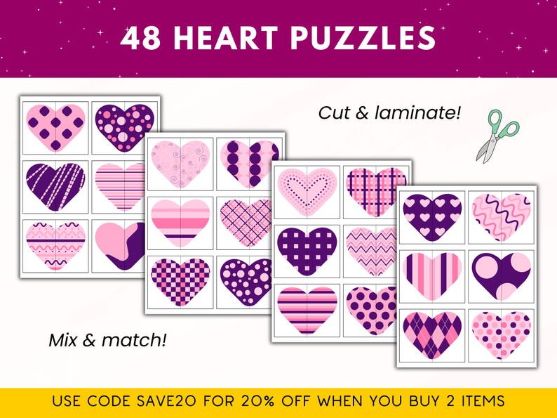 Printable Valentine's Day Activity, Matching Cards for Kids, Heart ...
