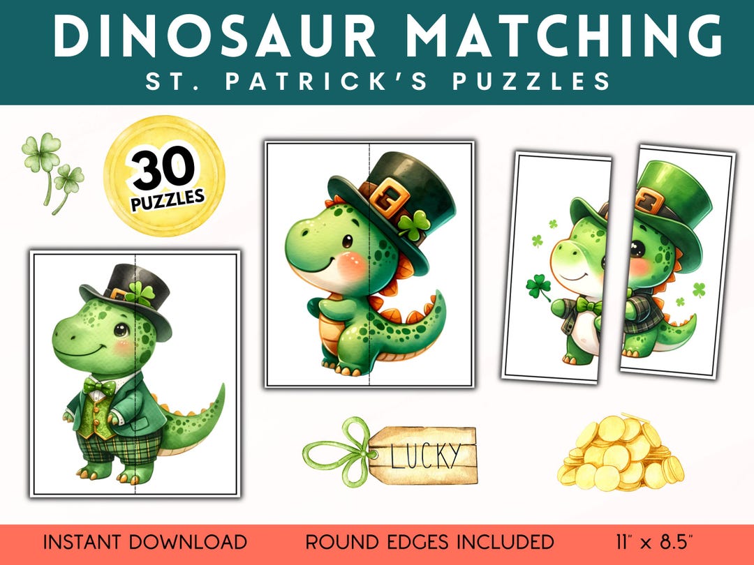 Dinosaur Matching Puzzles, Printable St. Patrick's Day Activity, Dino ...