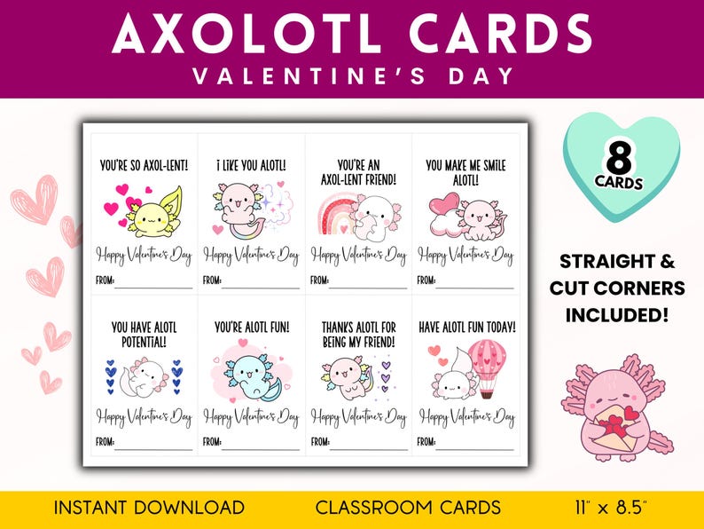 Axolotl Valentine's Day Cards, Classroom Valentine Gift Tags, Kids ...