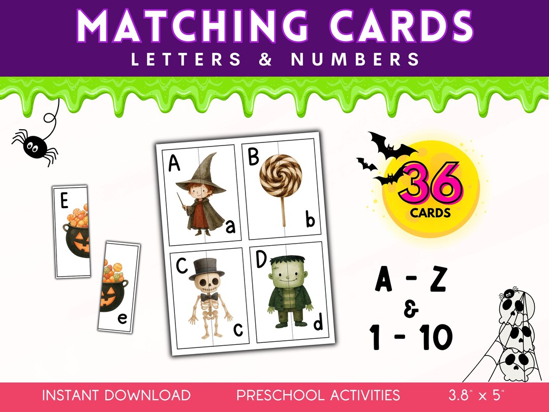 Halloween Matching Game Witch Skull Pumpkin Bat Haunted House Alphabet ...