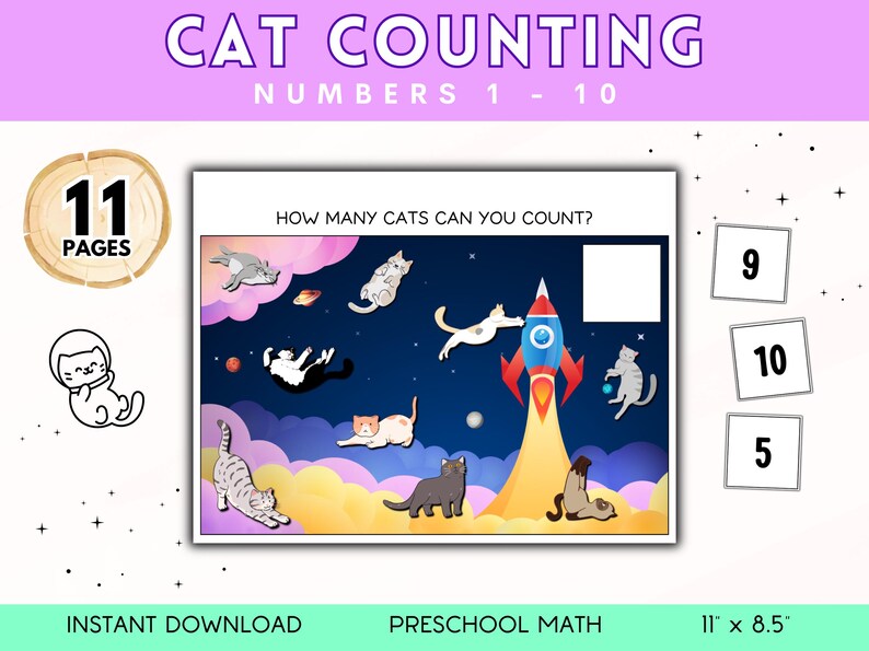 Preschool Math Printable PDF, Cat Lovers, Counting Cats, 1-10 Count Cut ...