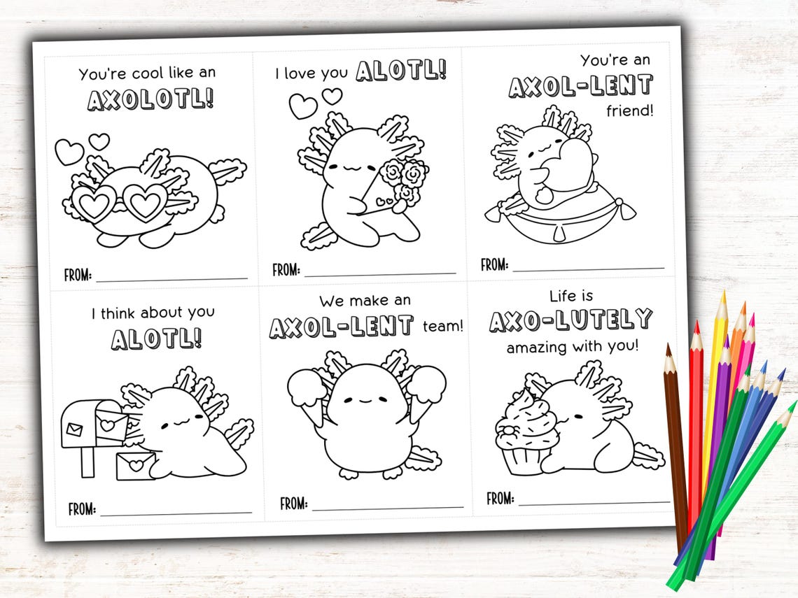 Axolotl Coloring Pages, Axolotl Valentine's Day Cards, Printable ...