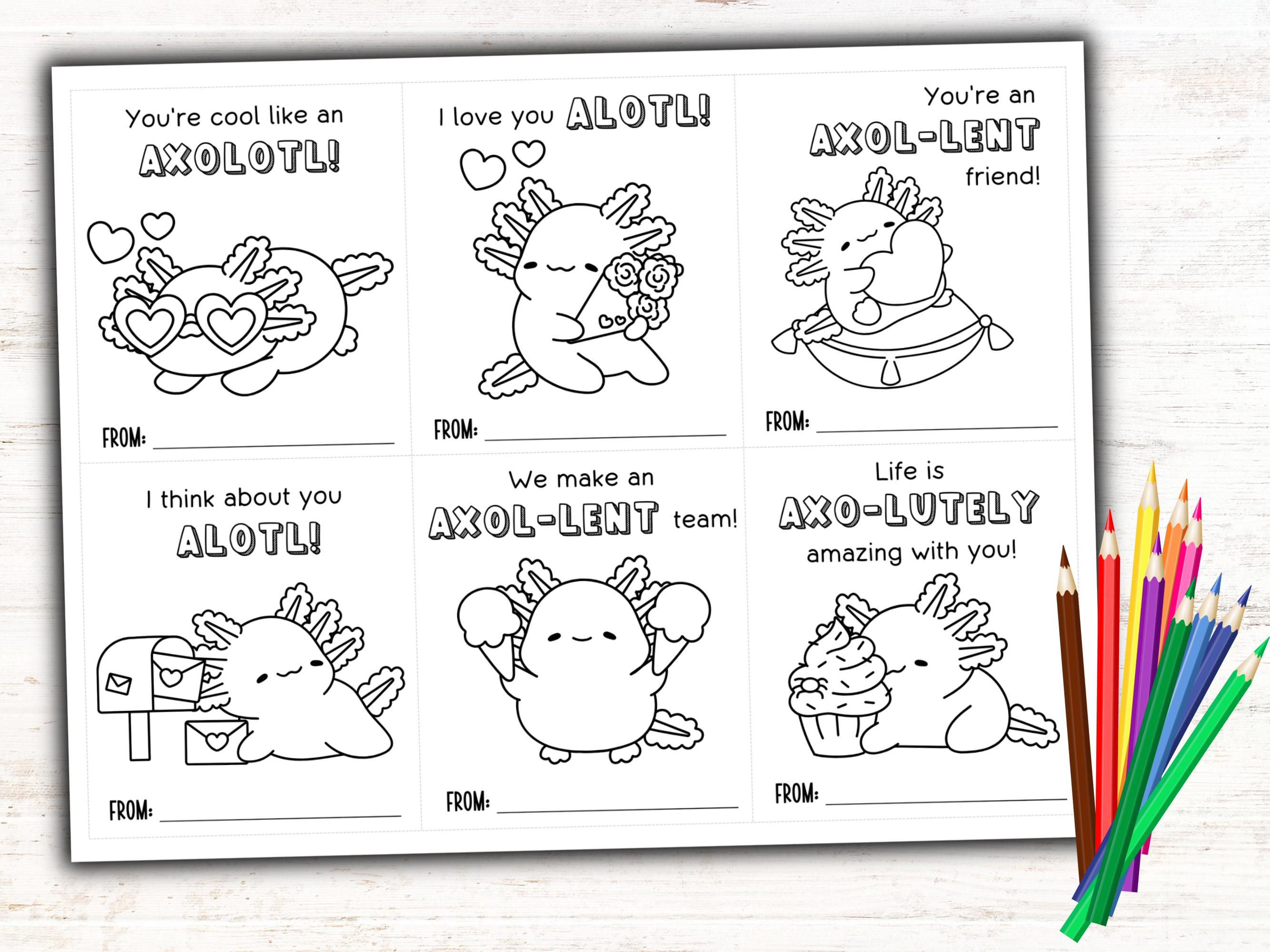 Axolotl Coloring Pages, Axolotl Valentine's Day Cards, Printable ...