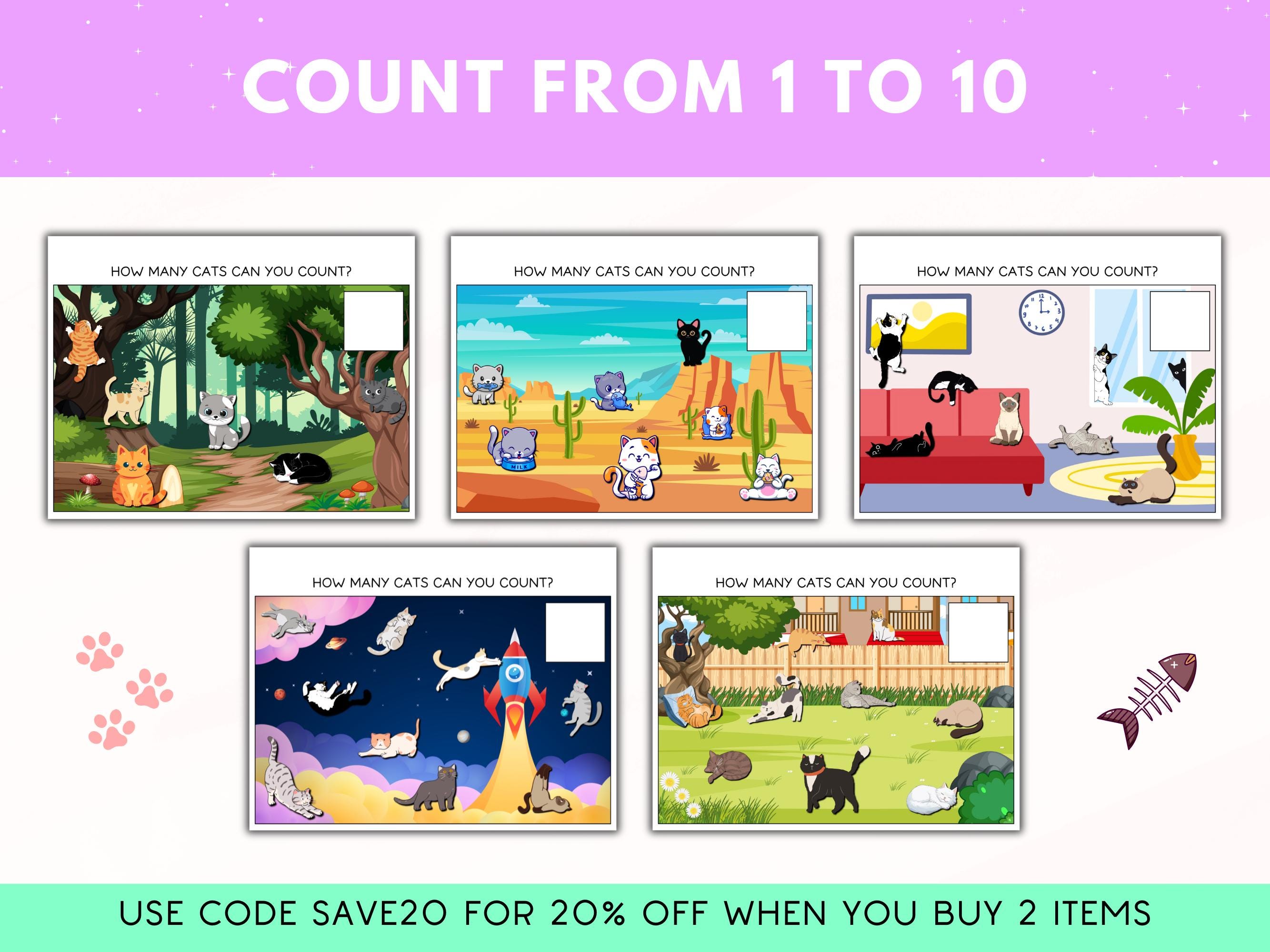 Preschool Math Printable PDF, Cat Lovers, Counting Cats, 1-10 Count Cut ...